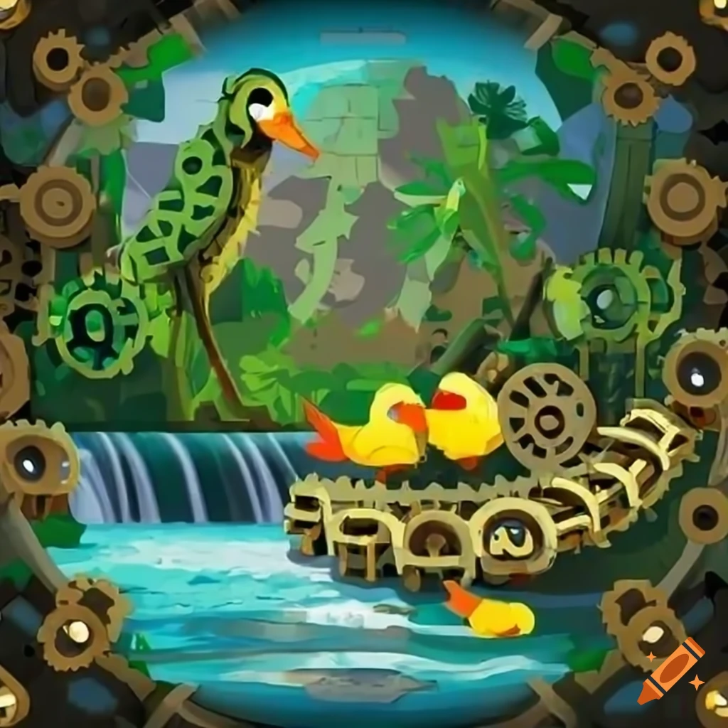 Mechanical gears in a jungle setting with a waterfall and yellow ducks ...