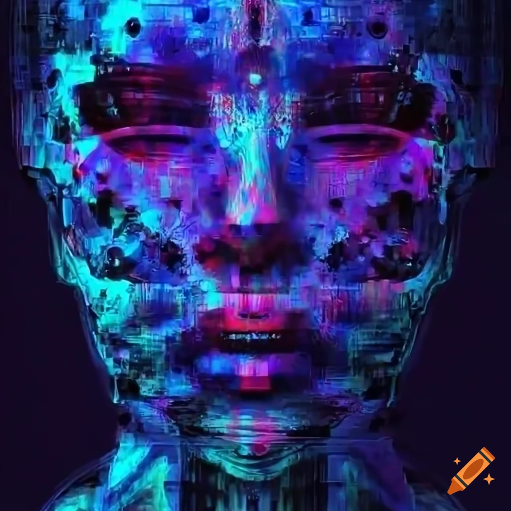 Abstract techno image with transparent face and dark factory smog ...