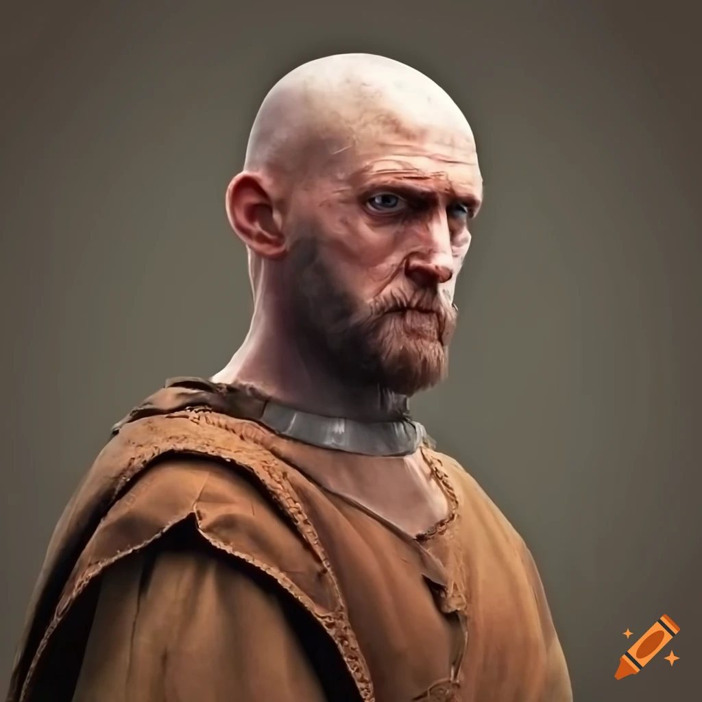 Strong bald man with a stoic expression in a medieval tunic on Craiyon