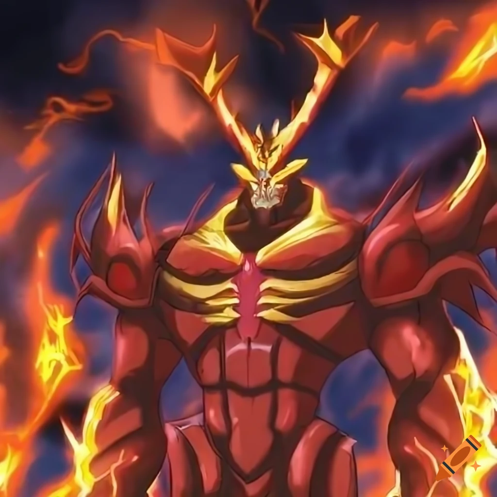Yu-gi-oh art of a giant fire titan on Craiyon