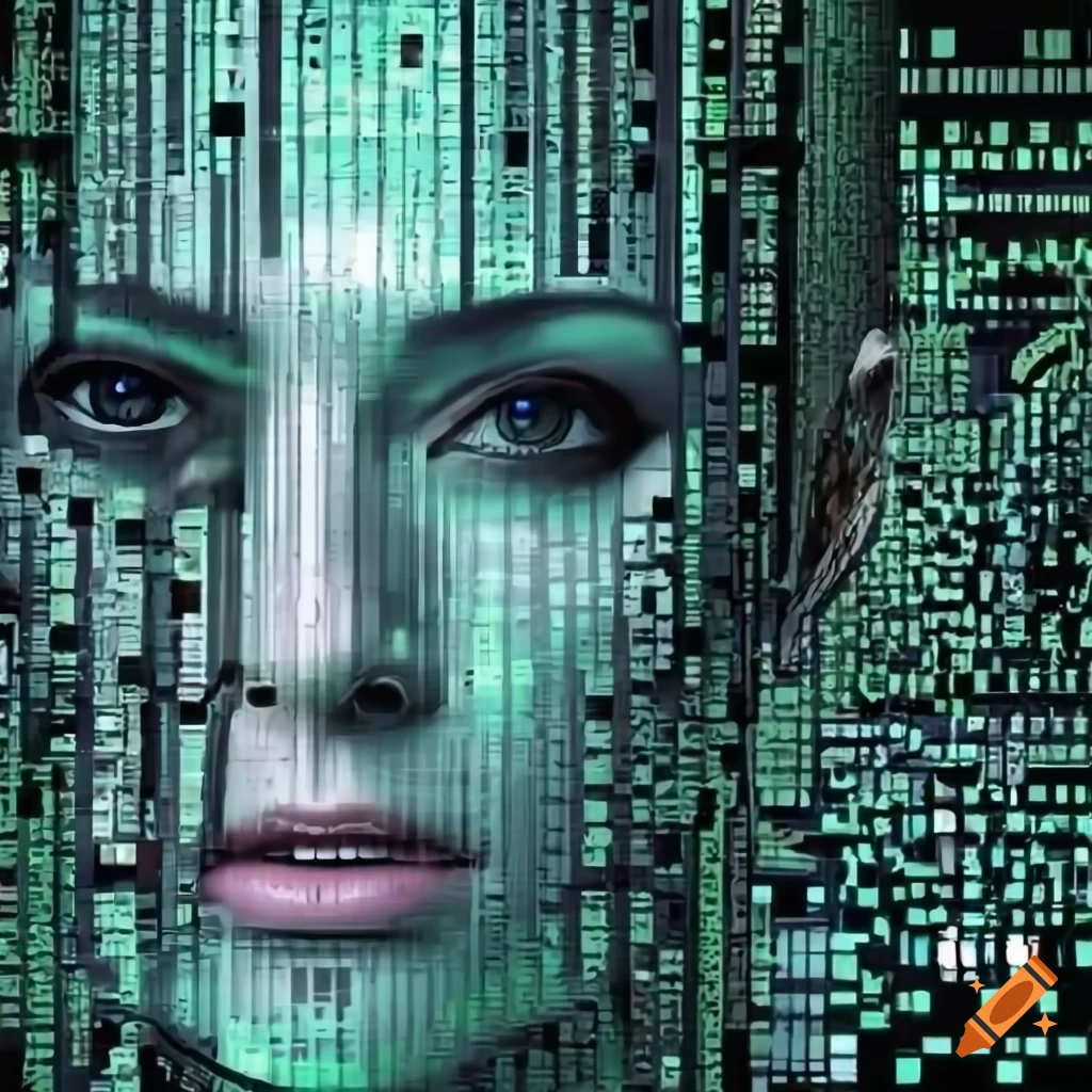Futuristic illustration of a computer matrix ai face on Craiyon