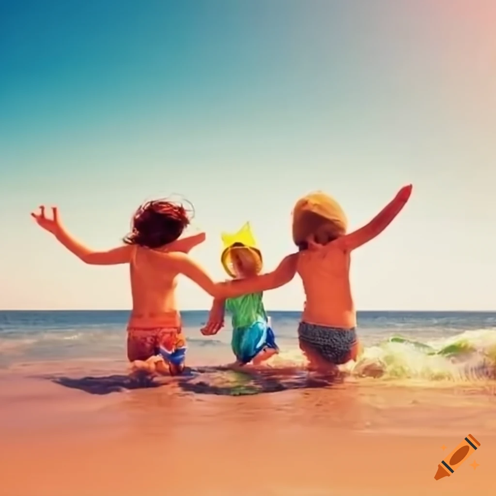 Kids playing under the sun at the beach on Craiyon