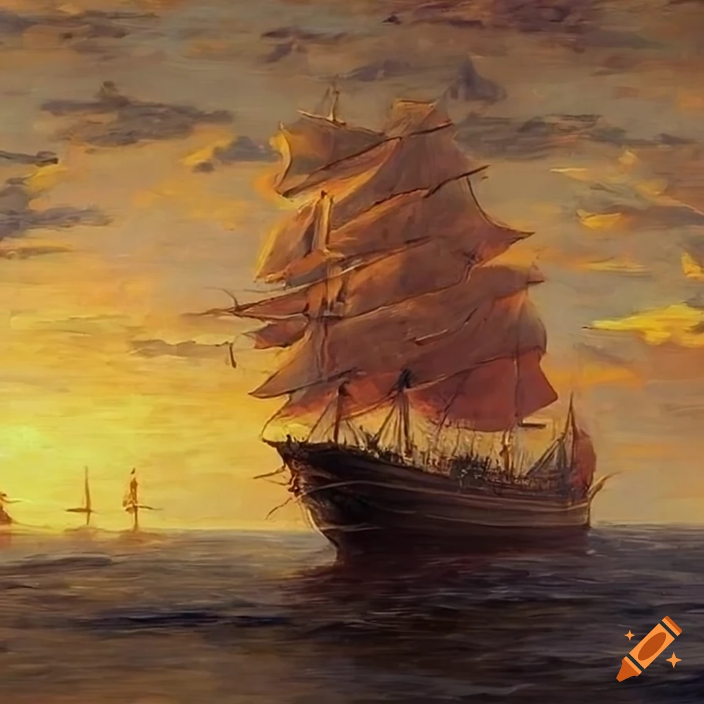 1800s style ships at sea at sunset sailing by mountains, a journey of ...