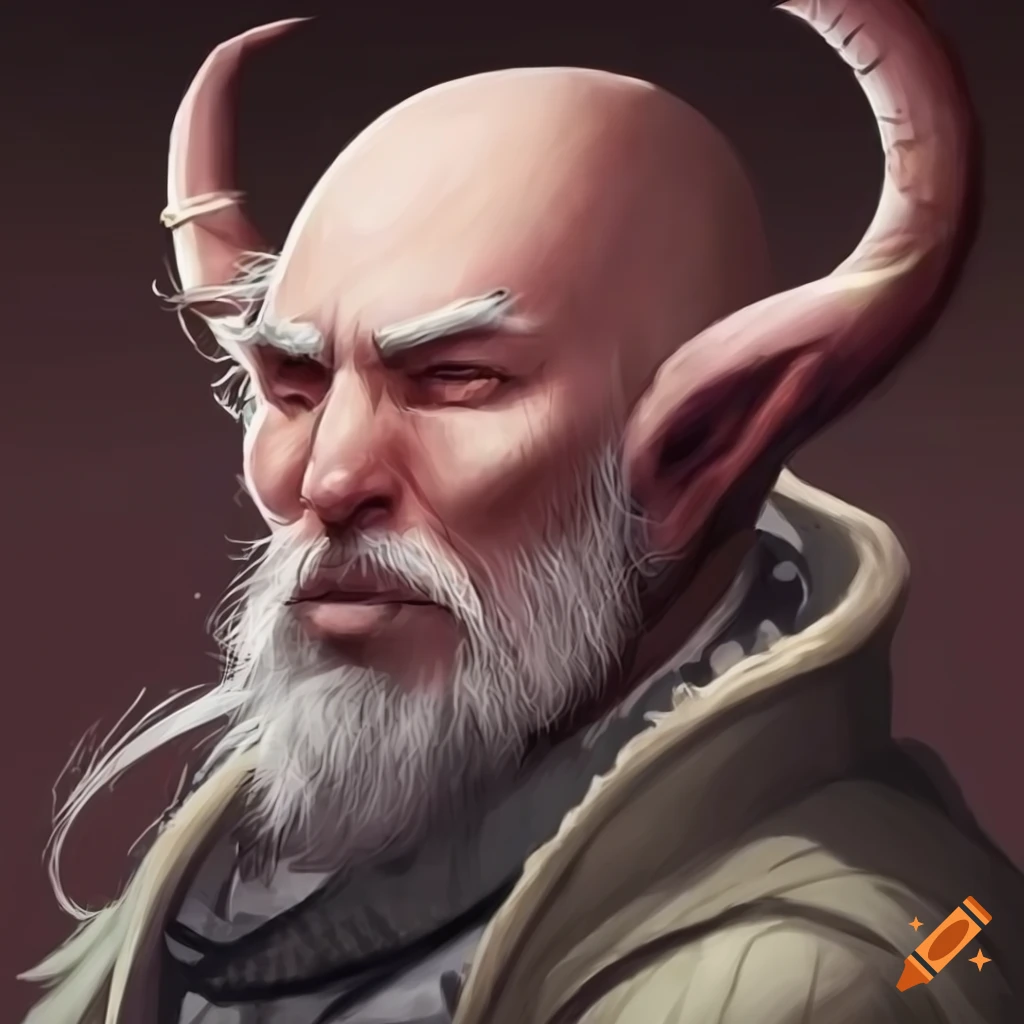 Old bald tiefling bard with a white beard on Craiyon