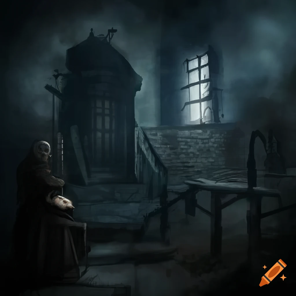 Interior of a steampunk medieval prison complex with monks in a stormy ...