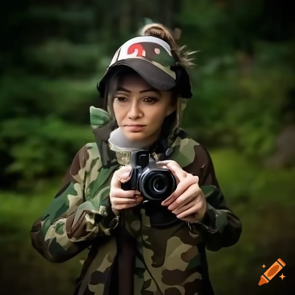 Female pokemon trainer in camouflage with a camera on Craiyon
