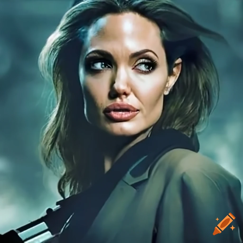 Angelina Jolie in action in a movie scene on Craiyon