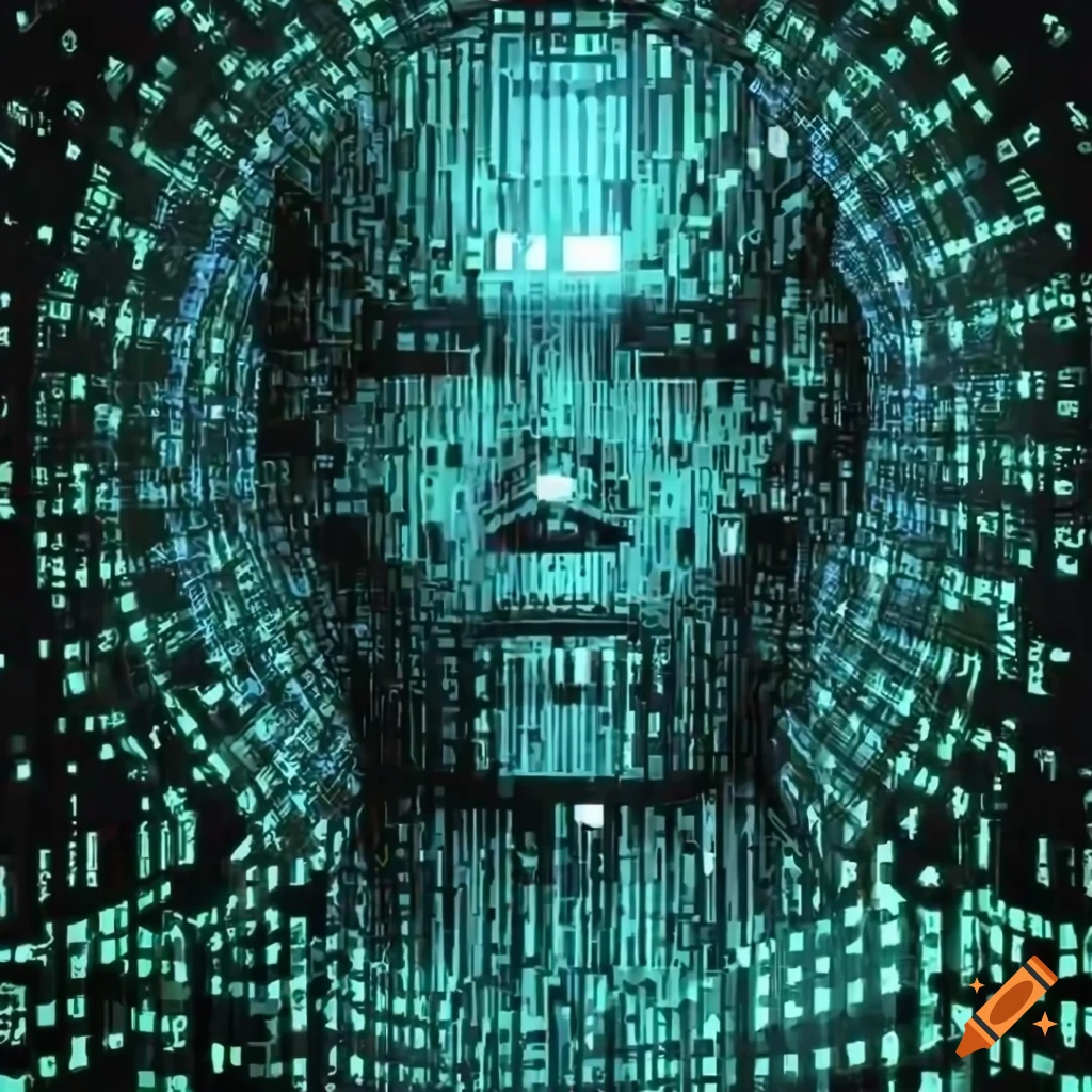 Futuristic AI face in a computer matrix illustration on Craiyon