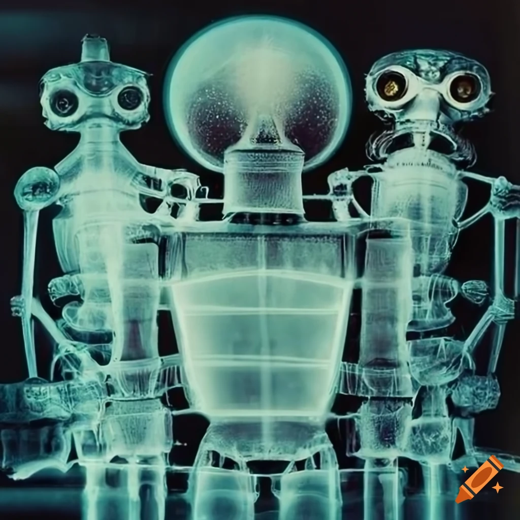 Vintage 1920s x-ray photo of alien robots in an ice cream store on Craiyon