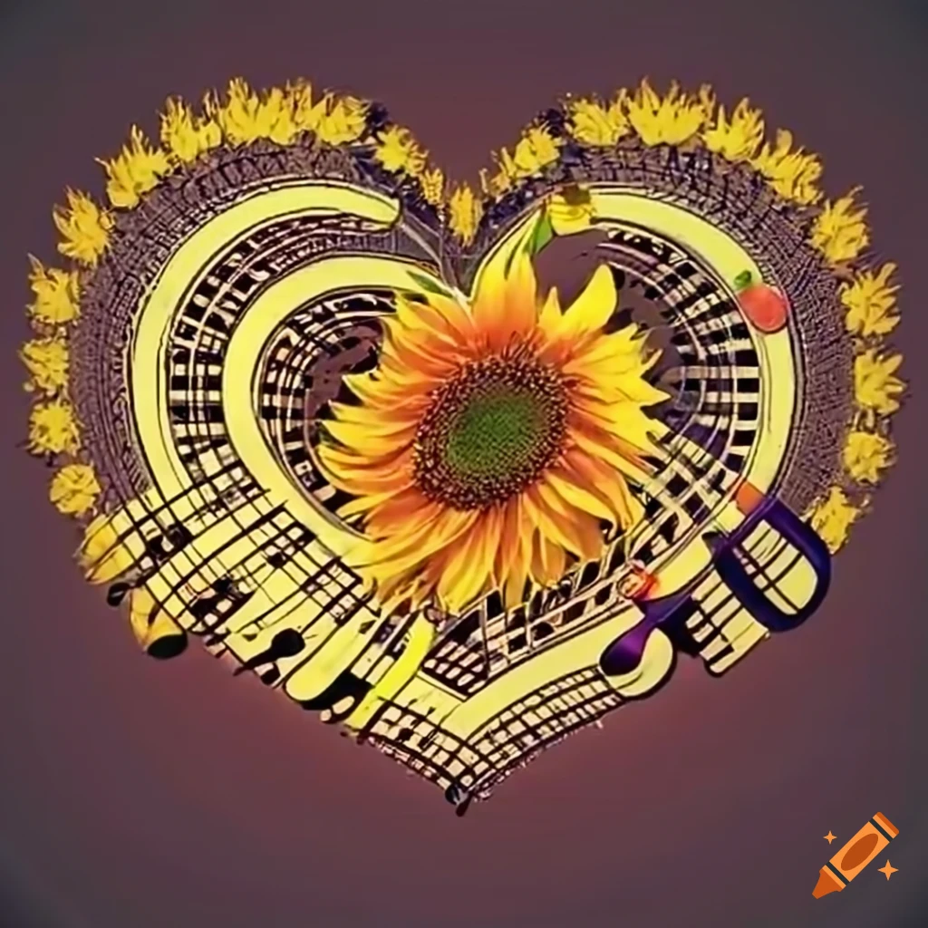 Music notes intertwined with sunflowers in a heart shape on Craiyon