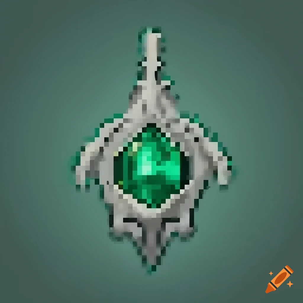 Silver winged amulet with green emerald in pixel art style on Craiyon