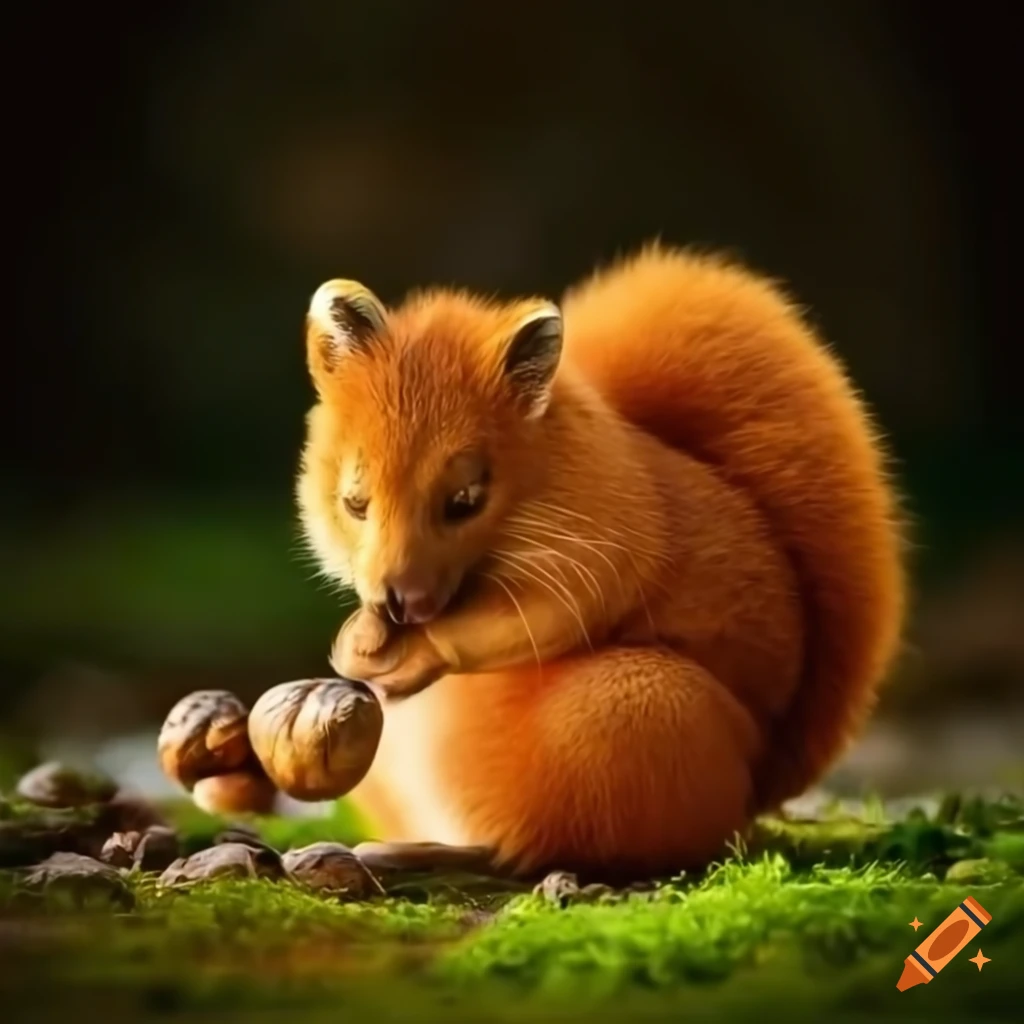 Orange furry animal eating nuts in a forest at sunset on Craiyon