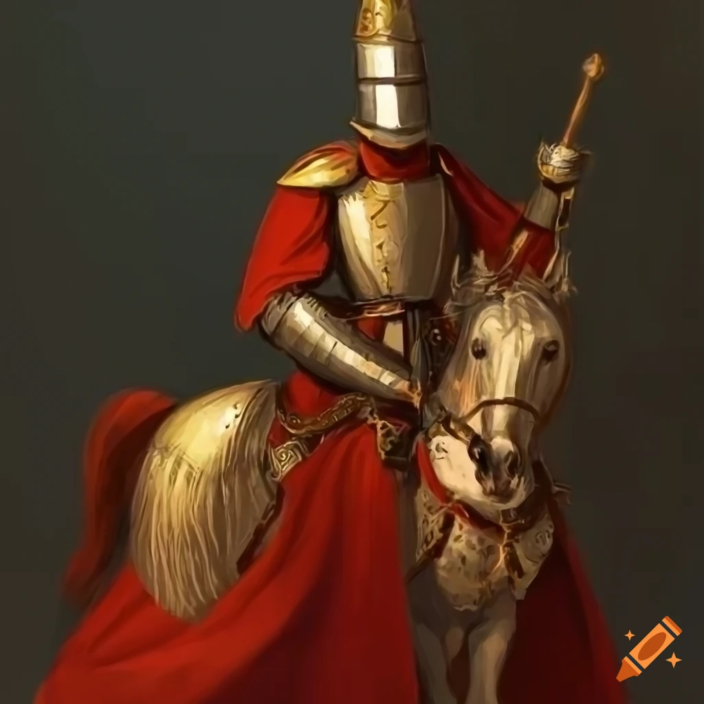 Man in red robe riding a horse in medieval armor in a vanitas art style ...