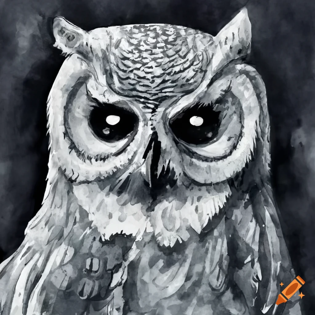 Creepy owl in black and white watercolor on Craiyon