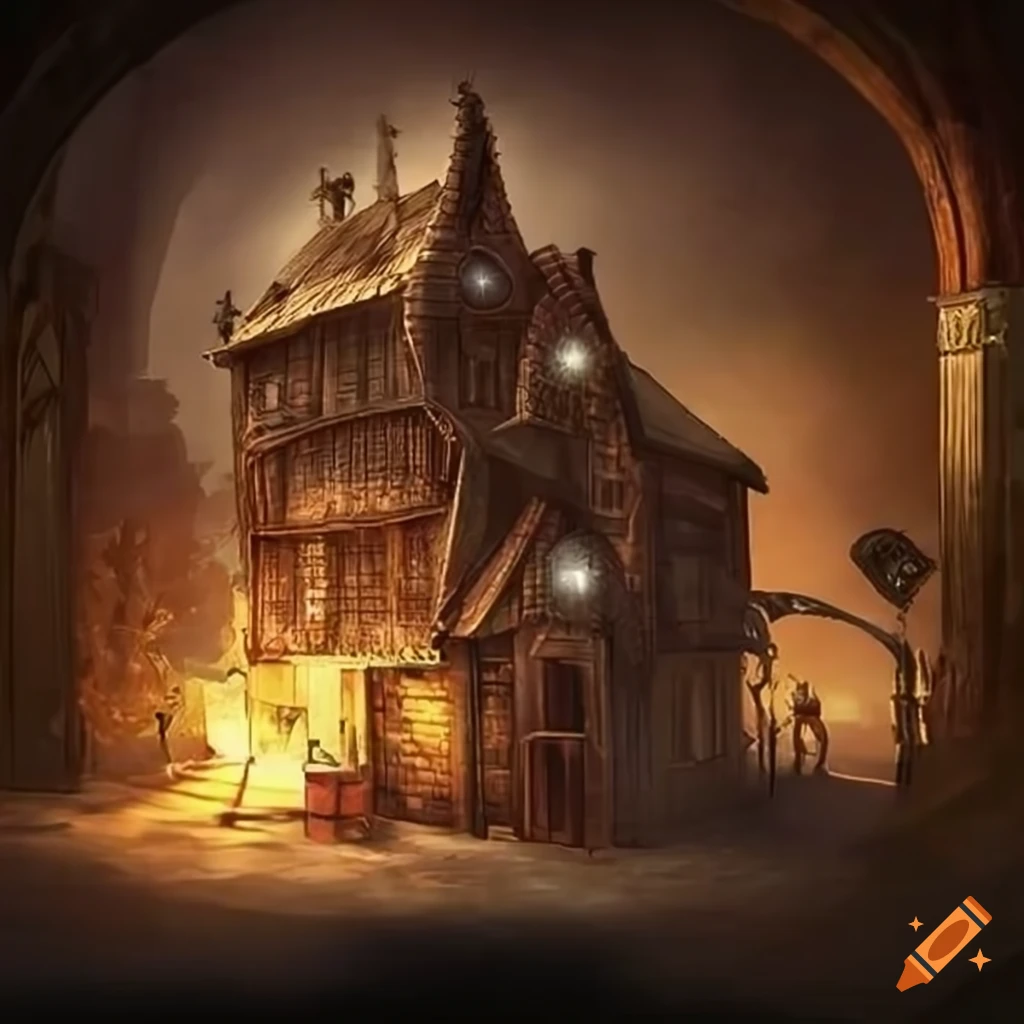 Steampunk thatch roof tavern in a steampunk city on Craiyon