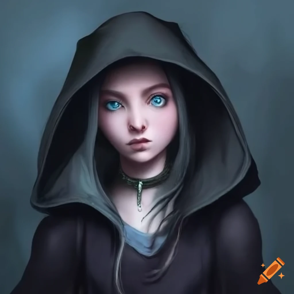 Young female wizard with black hair, blue eyes, pale skin, and hood on ...