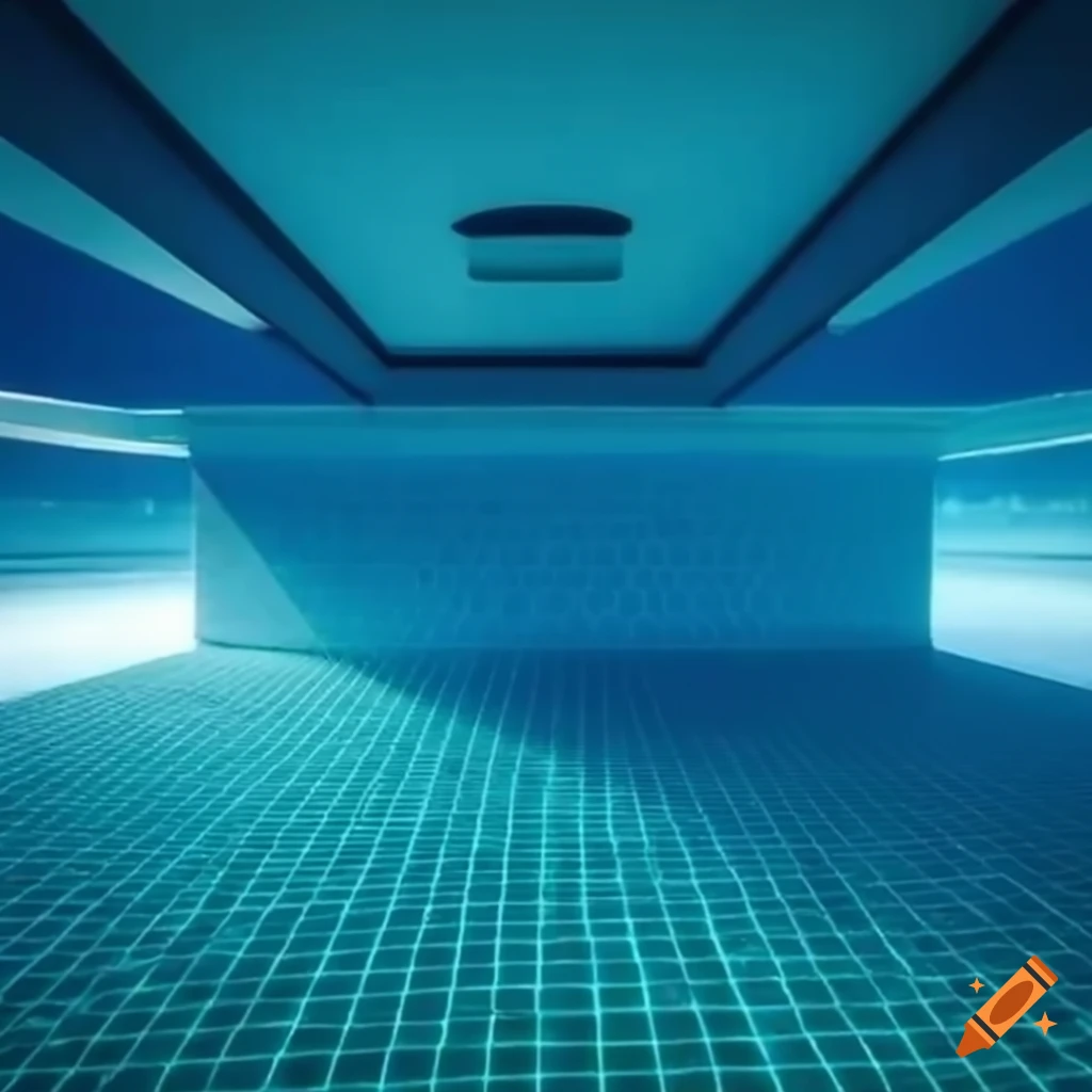 Hauntingly beautiful liminal space with pool tiles and shallow water on ...