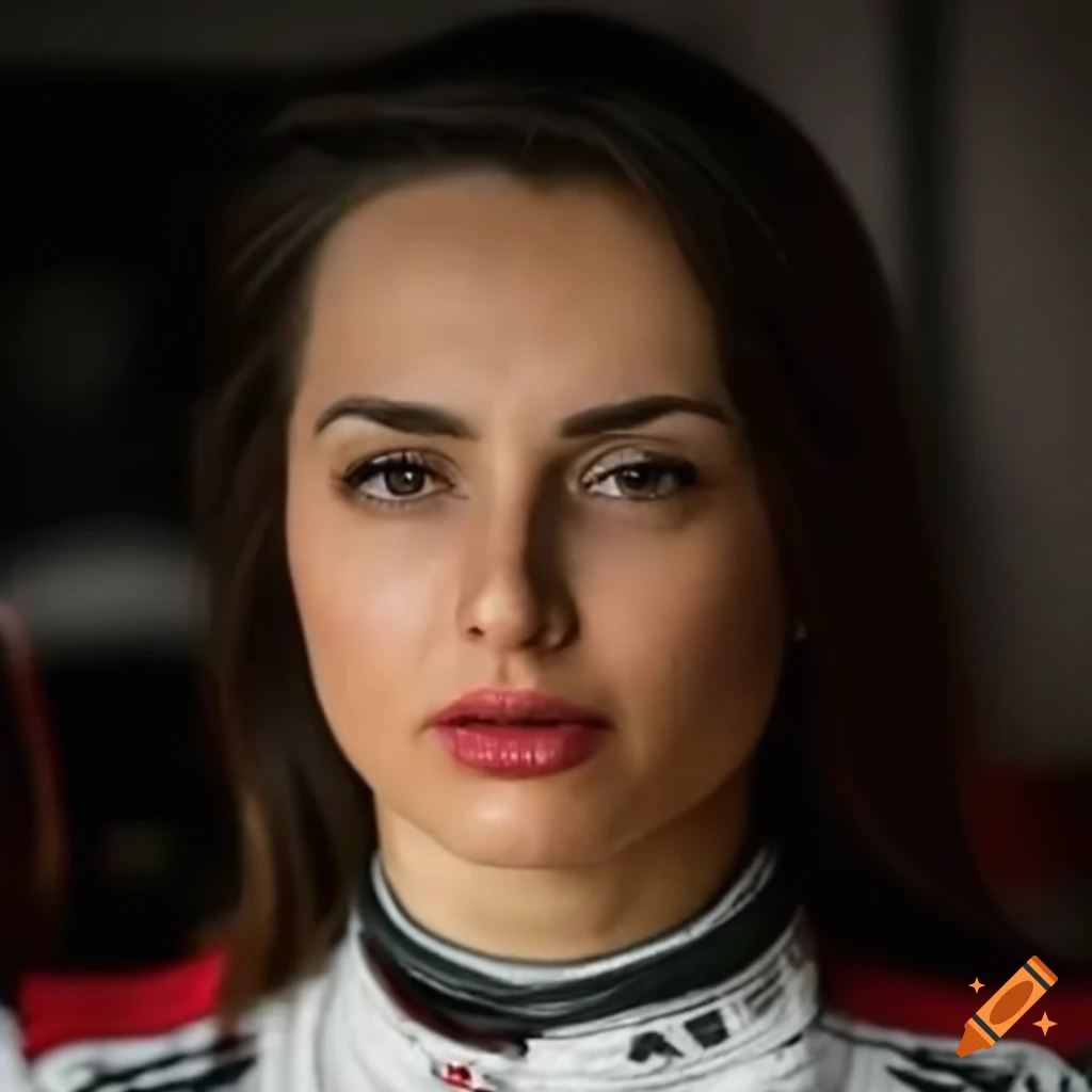 Female Turkish racecar driver with intense focus in racing suit on Craiyon