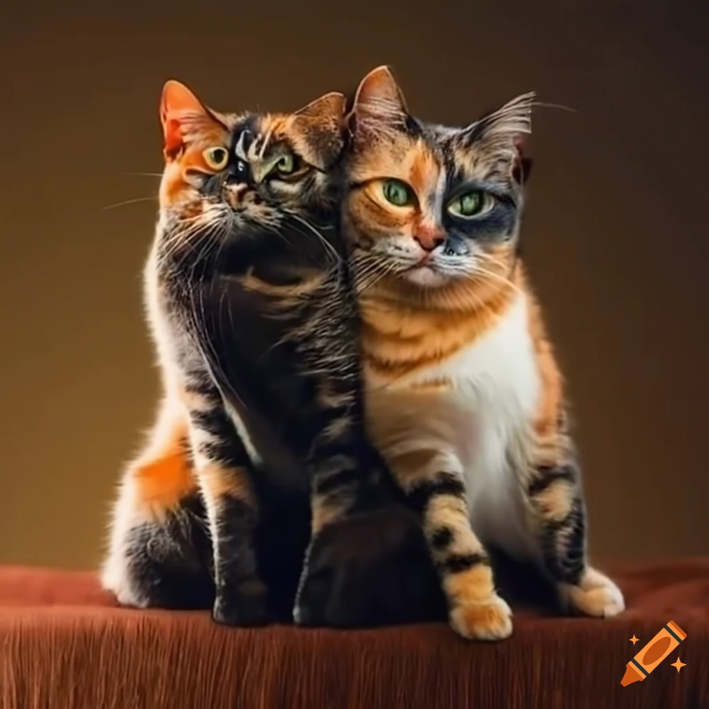 Calico and tortoiseshell cats in a loving embrace on Craiyon