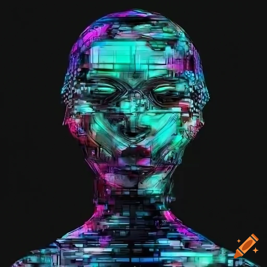 Abstract techno ai face with a solid spirit inside, dark factory smog ...