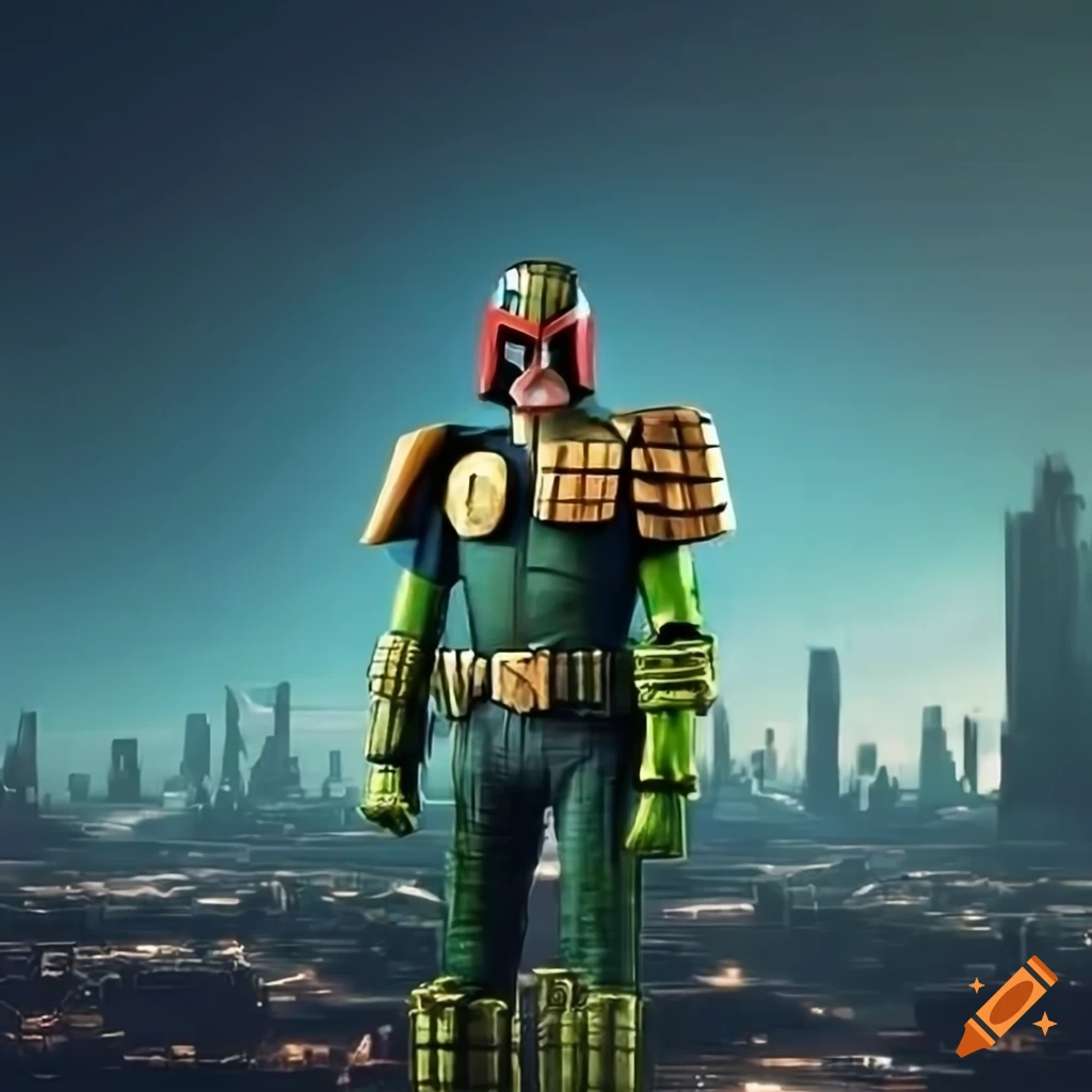 Judge dredd in front of a futuristic city landscape on Craiyon