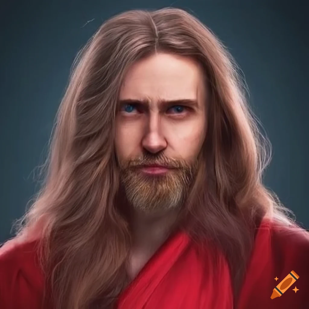 Middle-aged man with long hair wearing a red robe on Craiyon