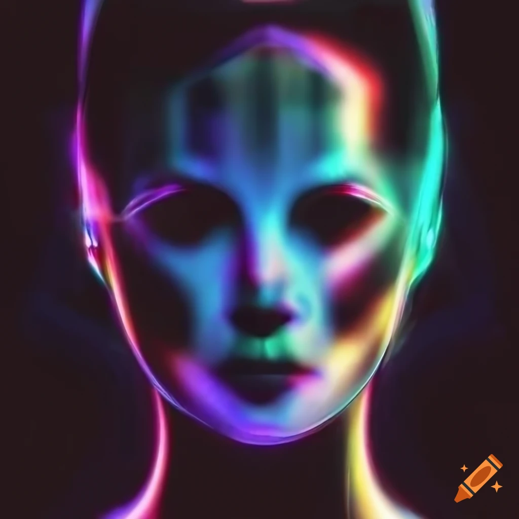 Abstract techno ai face with a solid spirit inside, dark factory smog ...