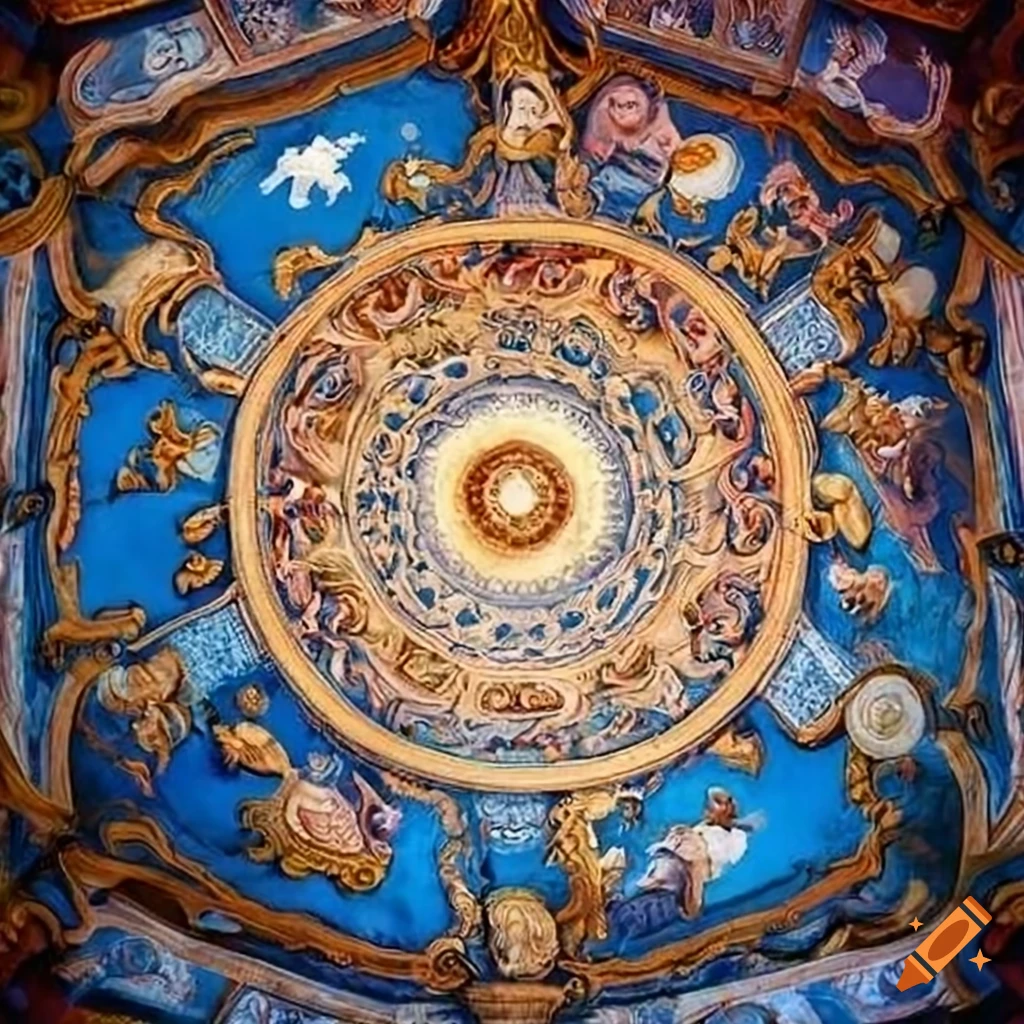 Intricate and vibrant ceiling mural of Mount Olympus in Greek mythology ...