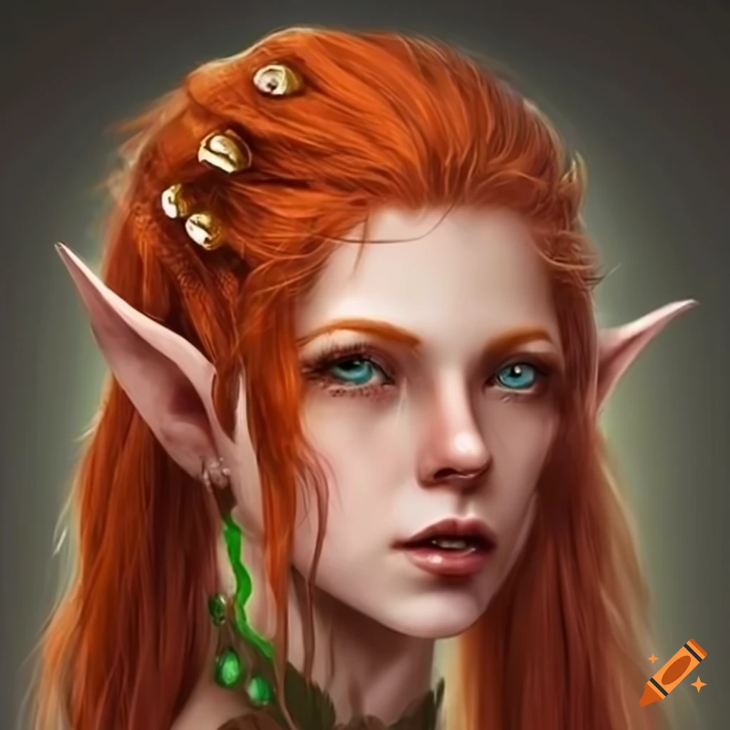 Female wood elf with red hair and green eyes on Craiyon