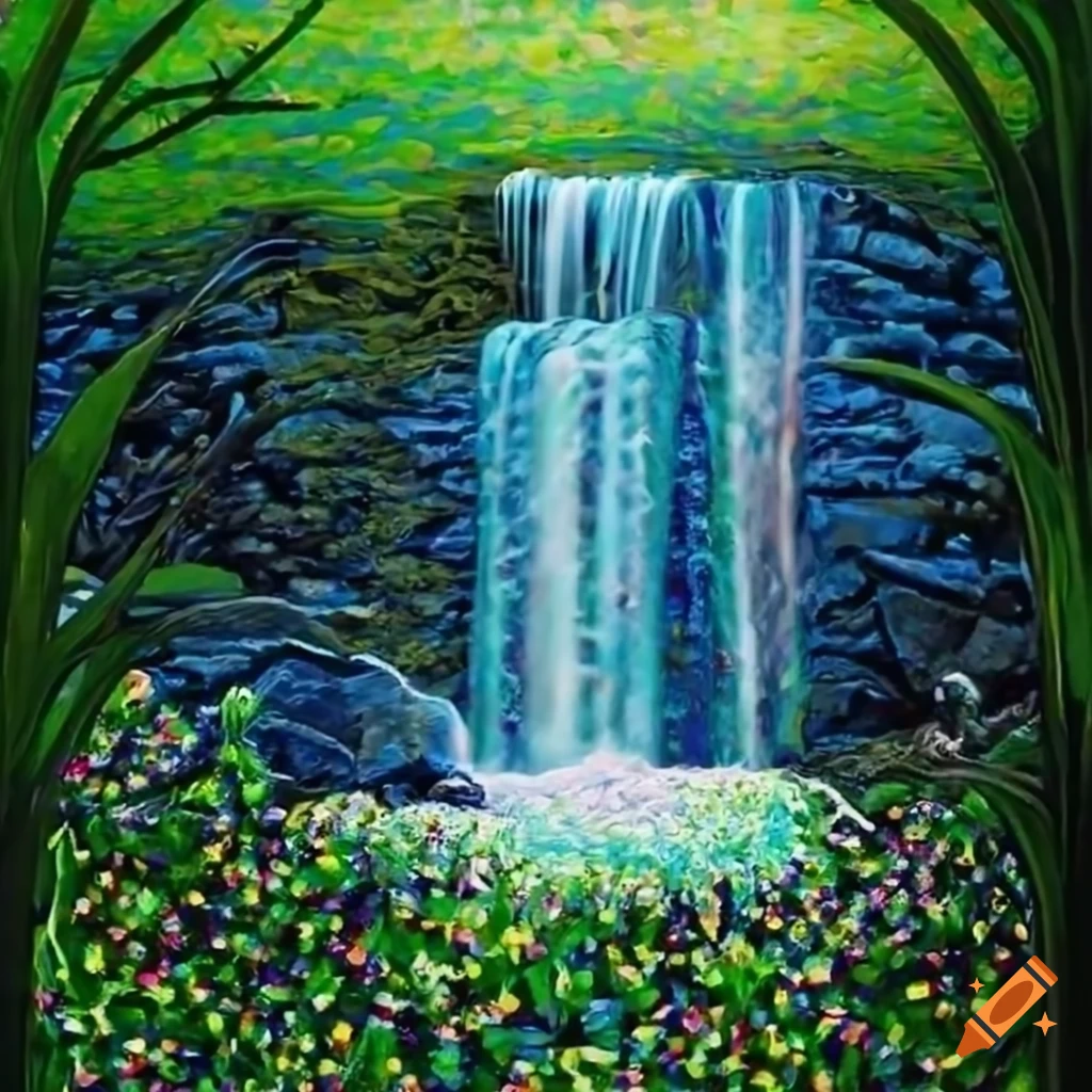 Pond and waterfall artwork in pointillism style on Craiyon
