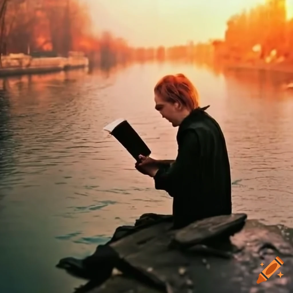 Writer composing poetry by the river on Craiyon