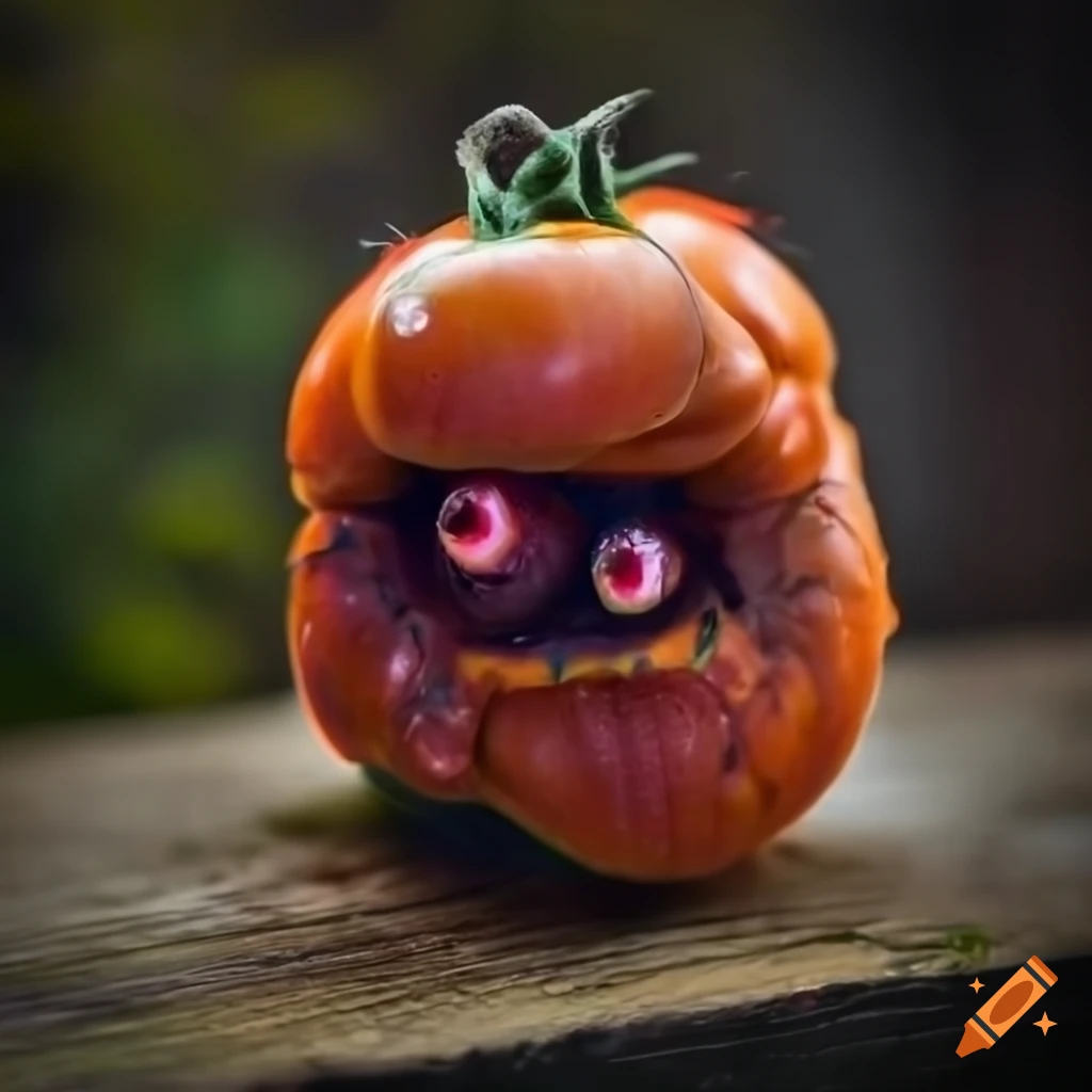 Rotten tomato fruit monster in close-up portrait on Craiyon