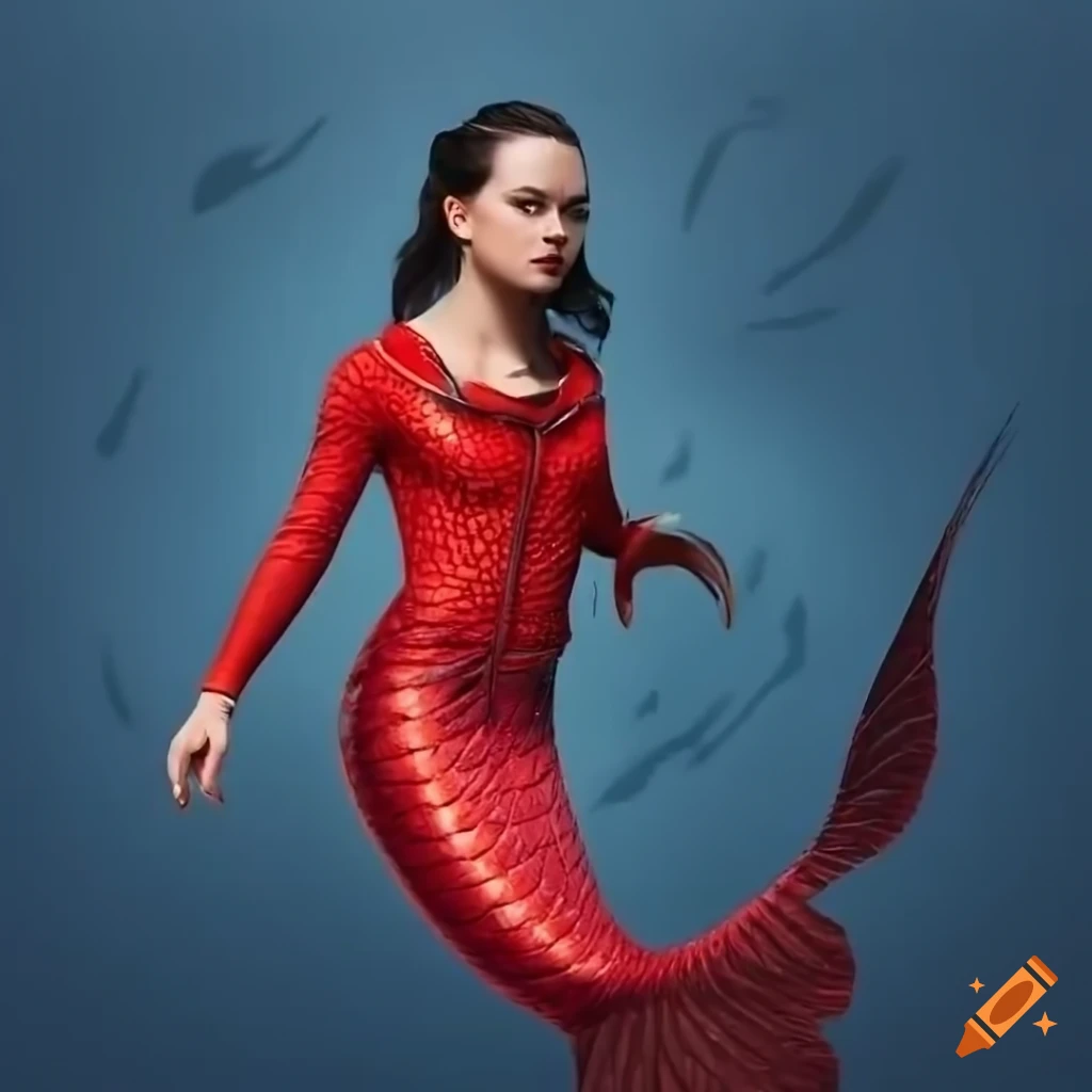 Daisy Ridley As A Red Mermaid With A Hoodie In A Photorealistic Setting