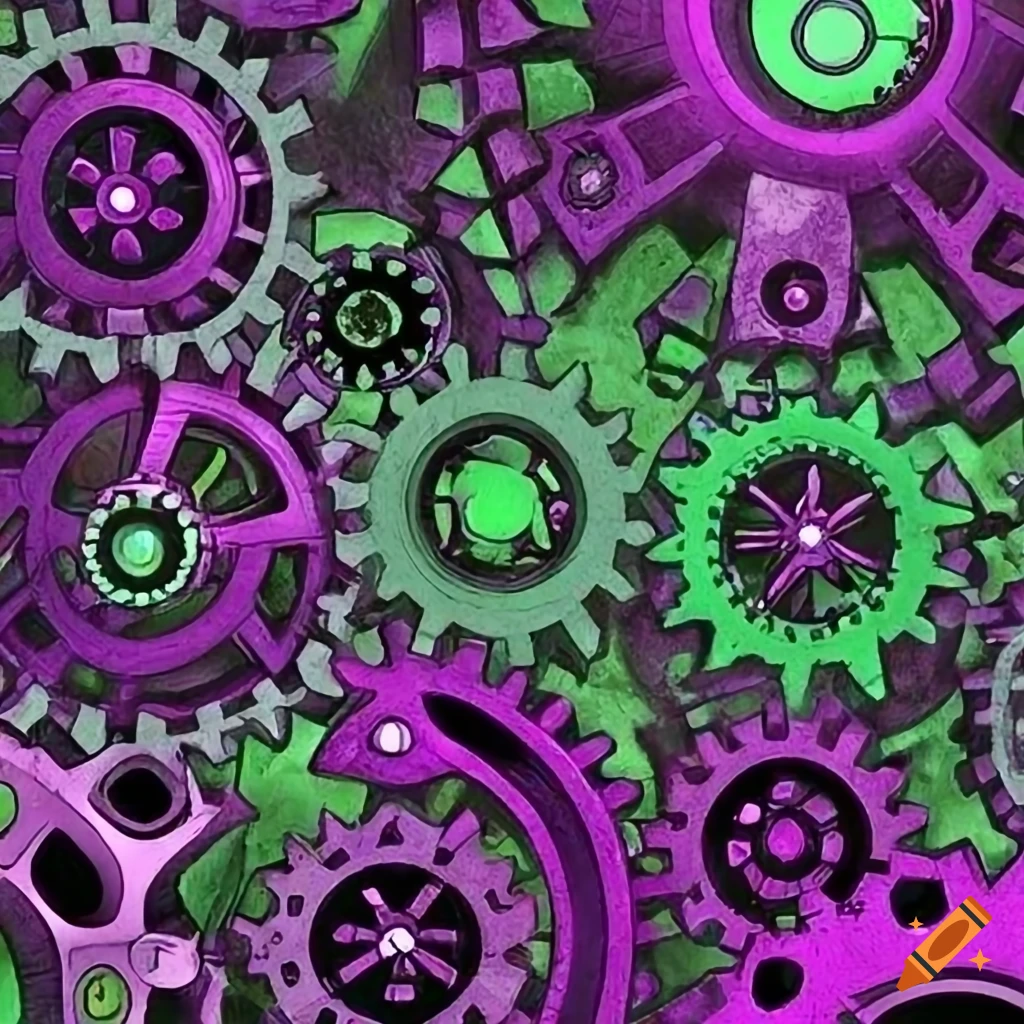 Purple and green gears patterned background on Craiyon
