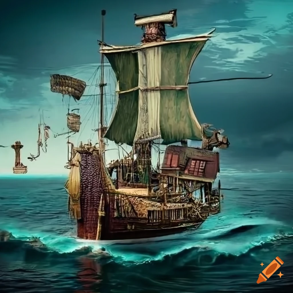 Giant steampunk sailing boat with lush vegetation and snake figurehead ...