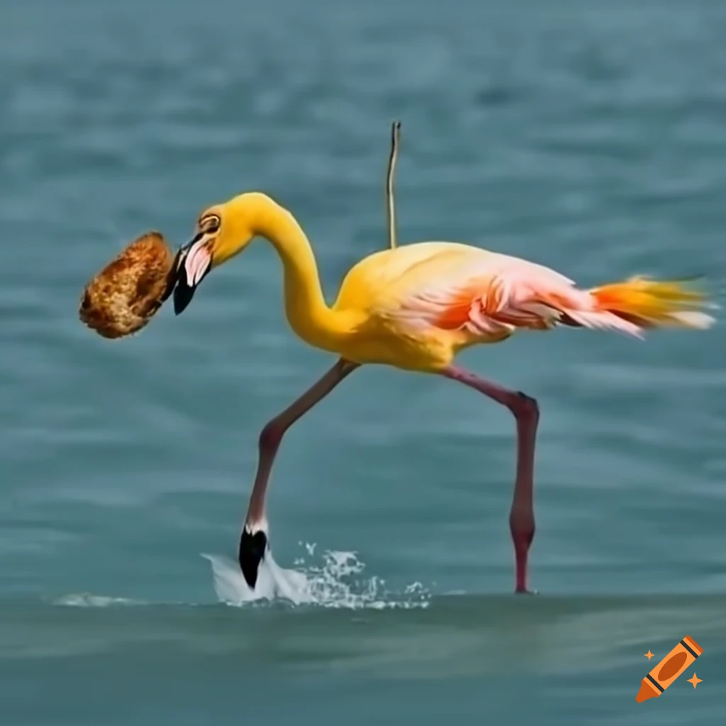 Yellow flamingo flying over a sea of cheese eating a baguette on Craiyon