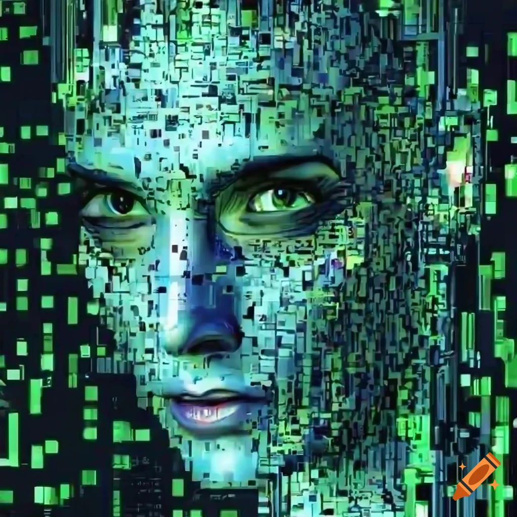 Futuristic illustration of a computer matrix ai face on Craiyon