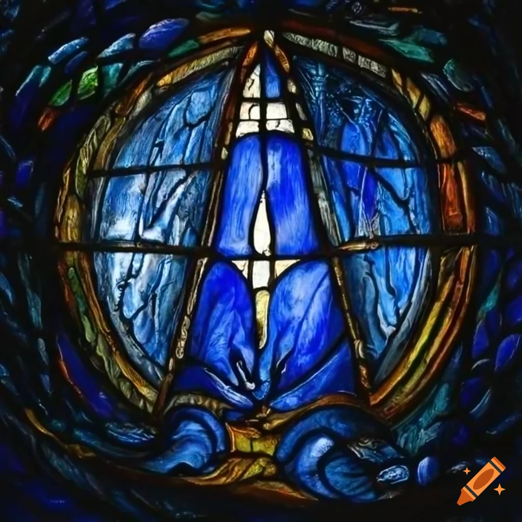 Mysterious and colorful mystical scene in stained glass art on Craiyon