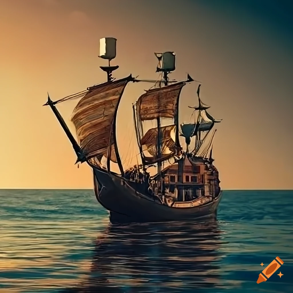 Steampunk sailing vessel with a snake figurehead and wooden houses on ...