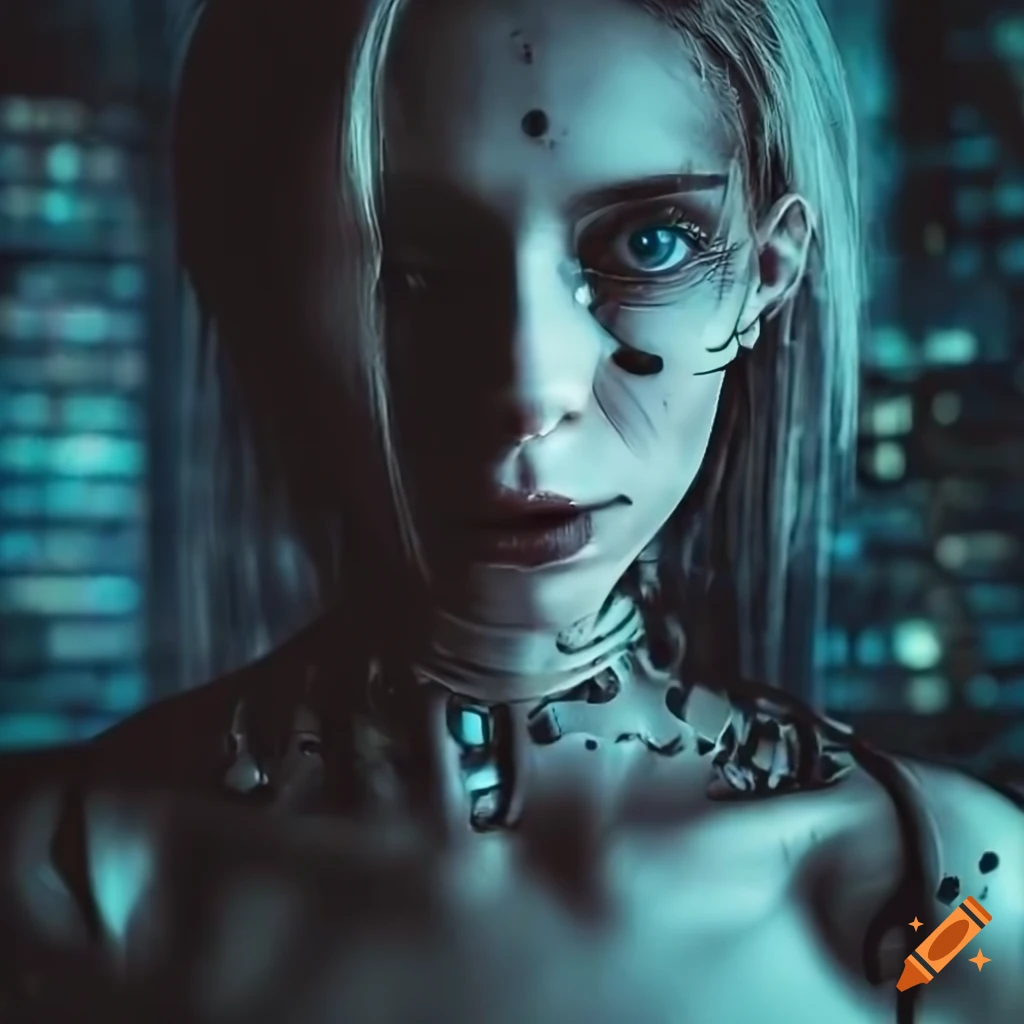 Close-up of female cyborg goddess in a dark cyberpunk cityscape on Craiyon