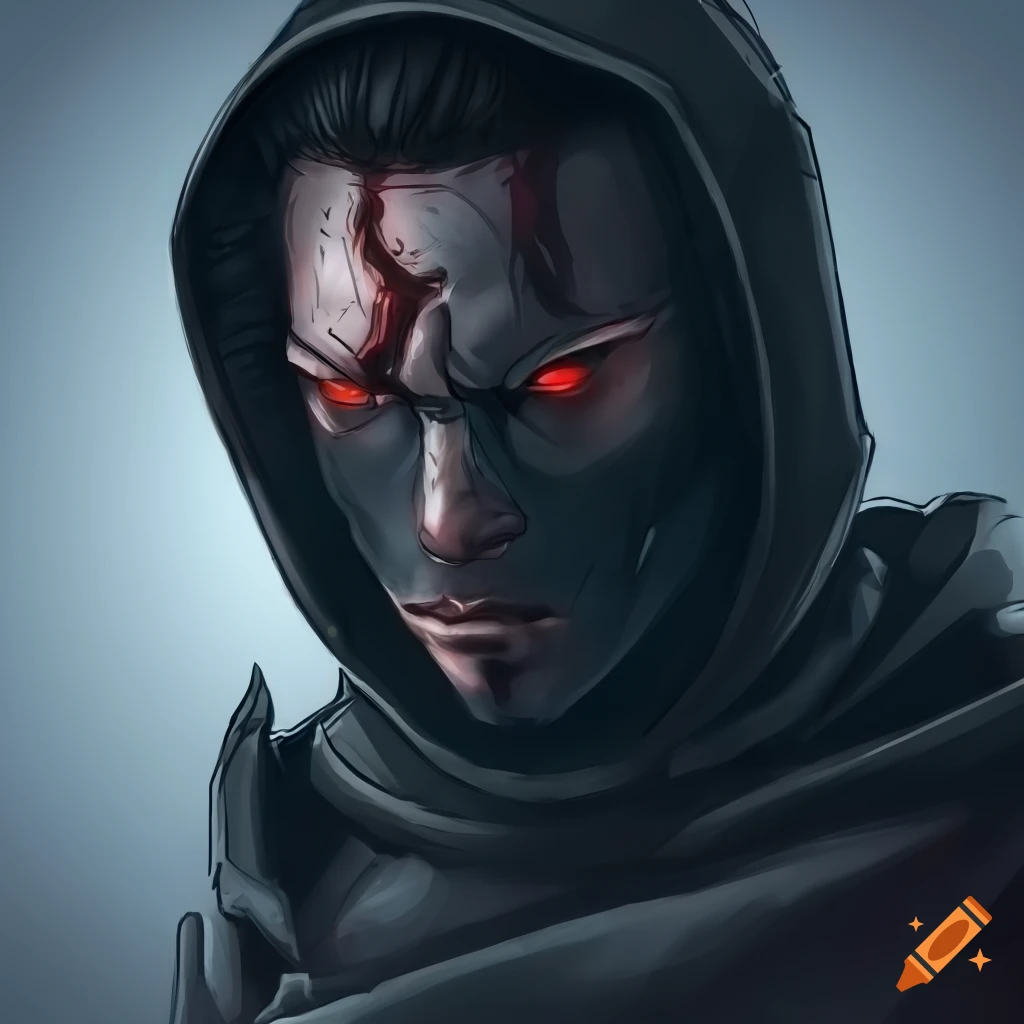 Sci-fi human with scars, hooded black armor, and sword in hand on Craiyon