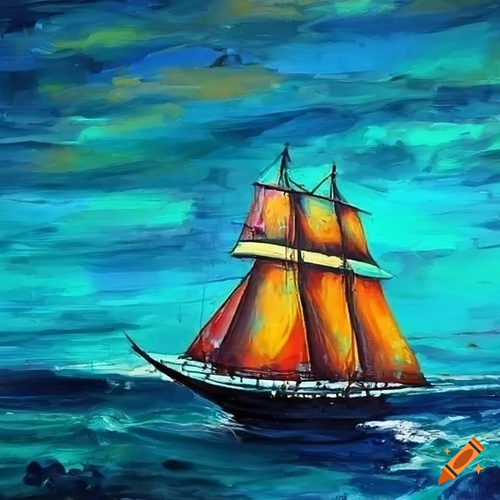 Ship sailing on the sea with abstract background and bright colors on ...