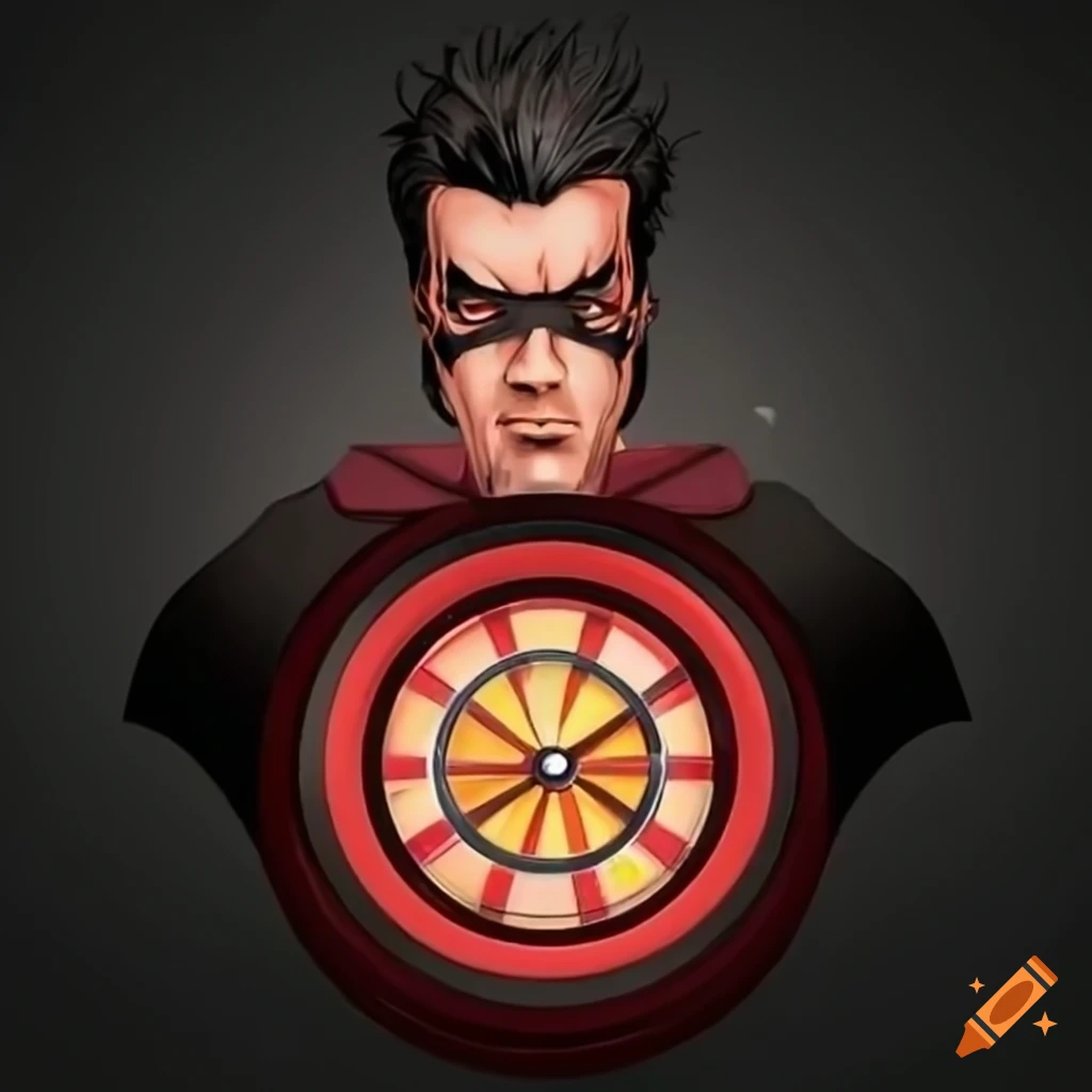 Superhero with a shield resembling a roulette wheel on Craiyon