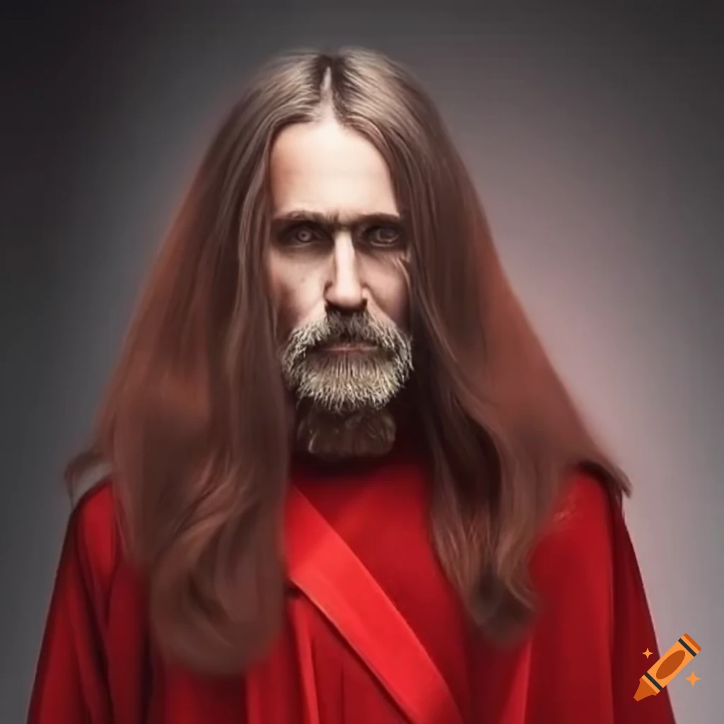 Portrait of a mature man with long hair wearing a red robe on Craiyon