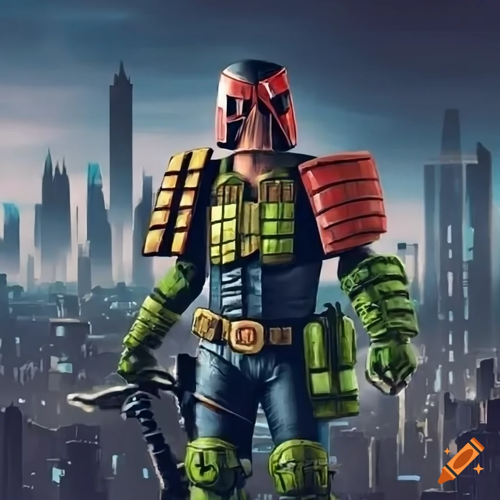 Judge dredd in front of a futuristic city landscape on Craiyon