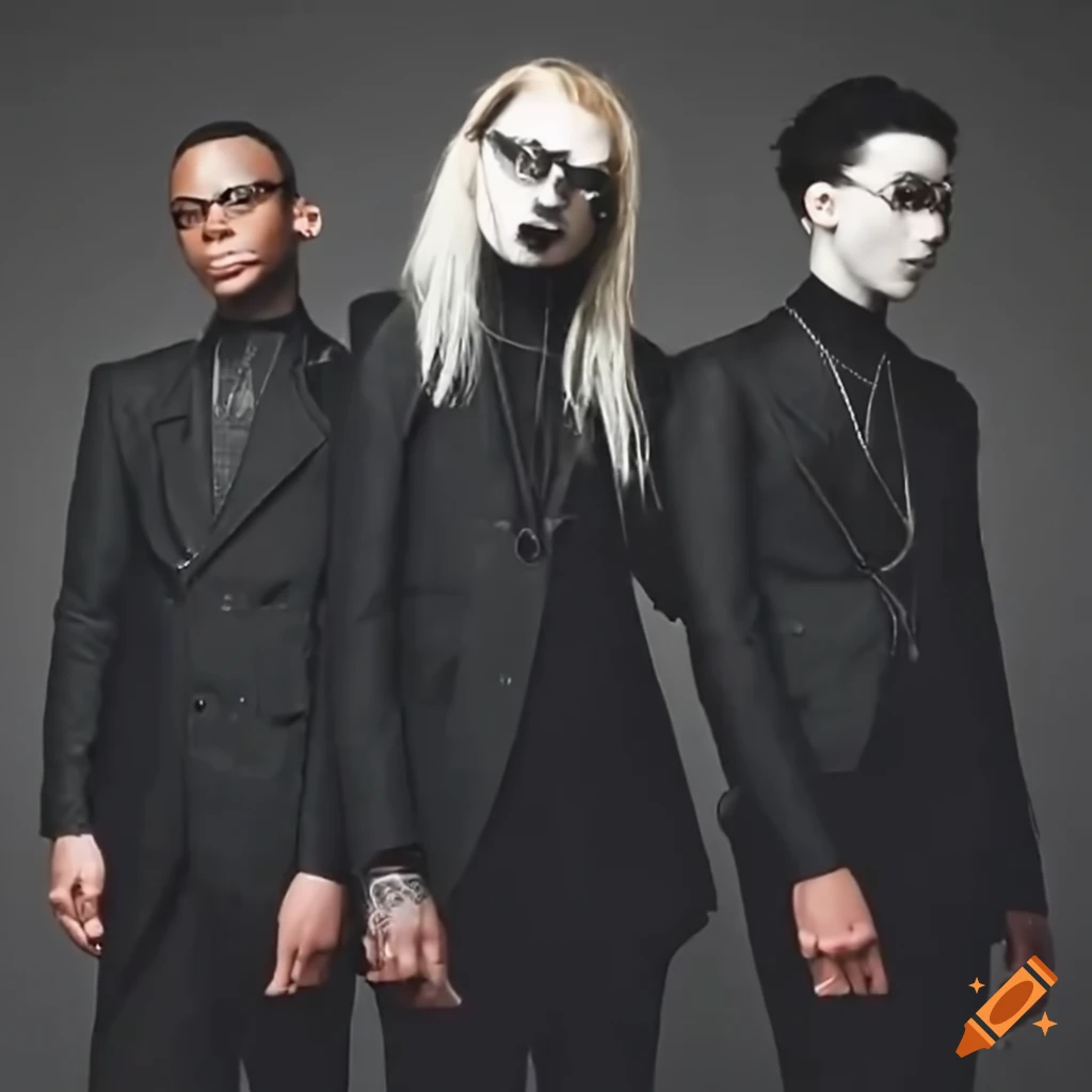 Goth band in black suits with blonde woman and black man with glasses ...