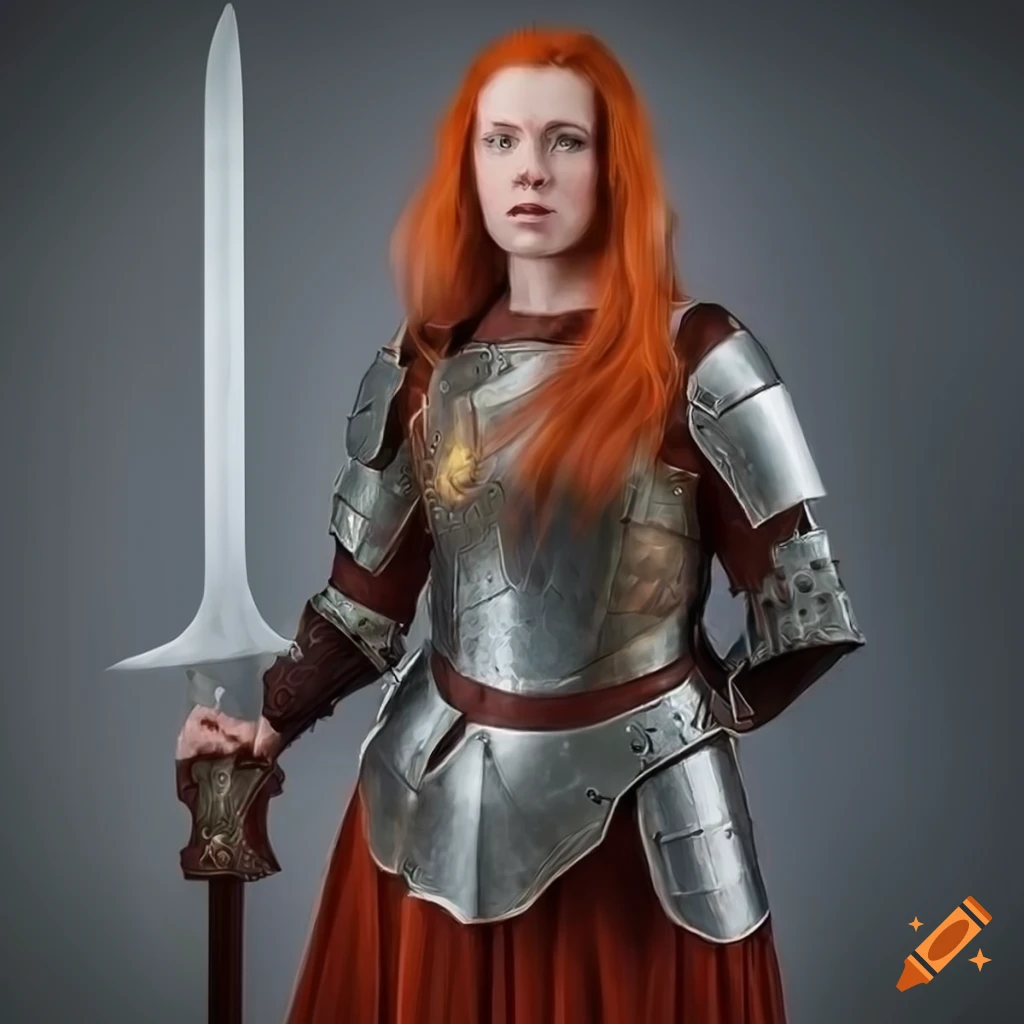 Redhead magus warrior woman in half plate armor with a flaming sword on ...