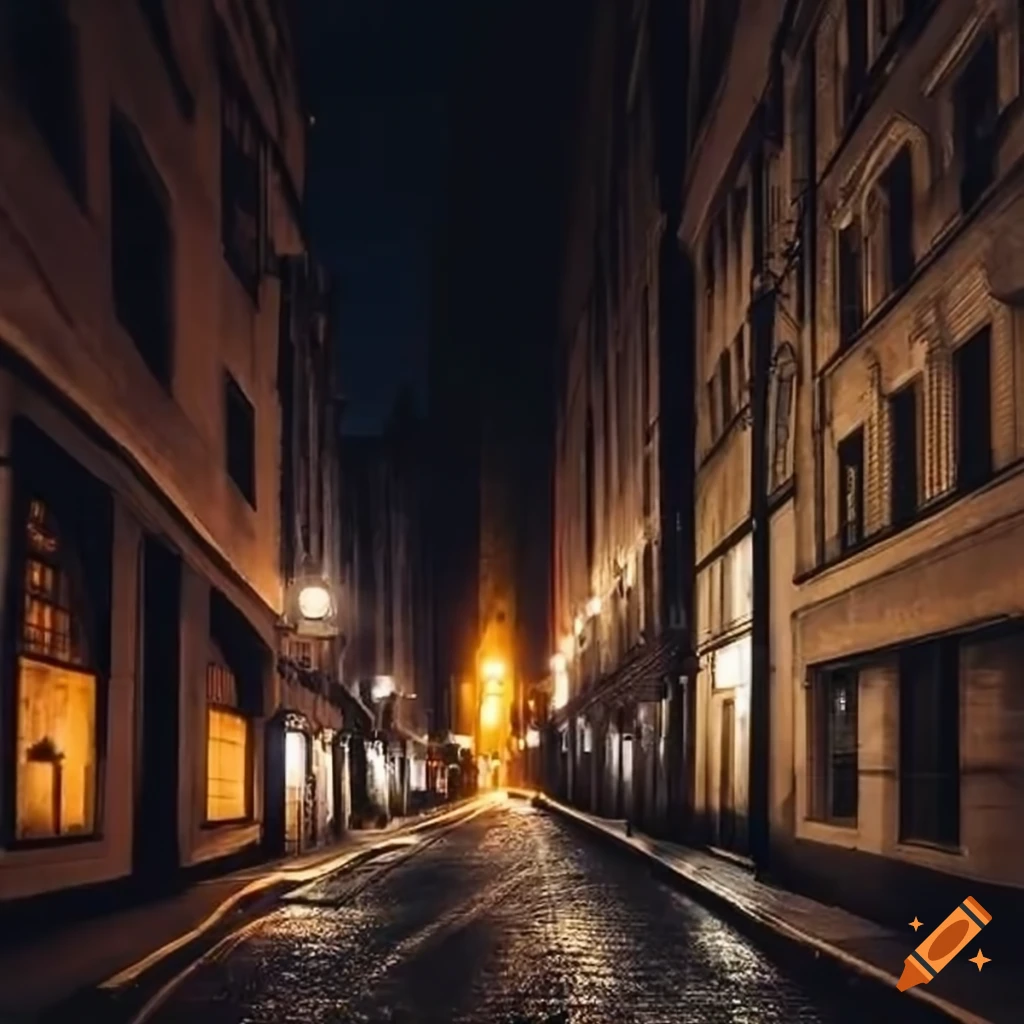 Moody night city street illuminated by glowing lamp posts on Craiyon