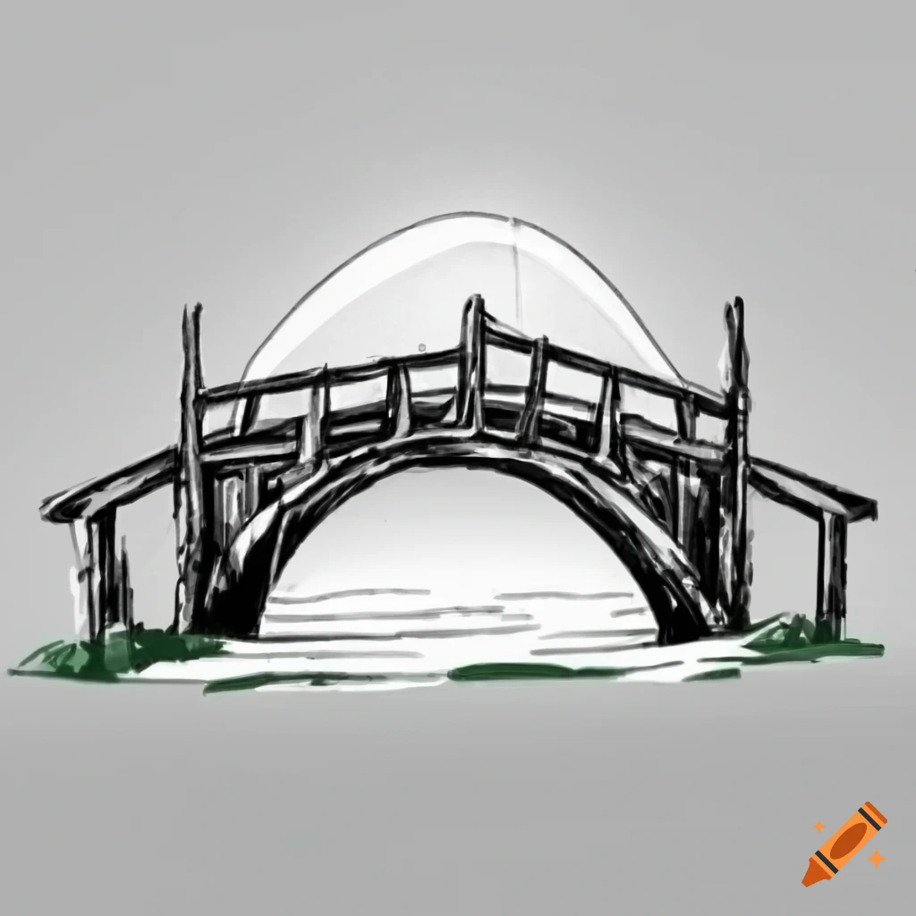 Detailed line drawing of ancient wooden bridge viewed from the side on ...