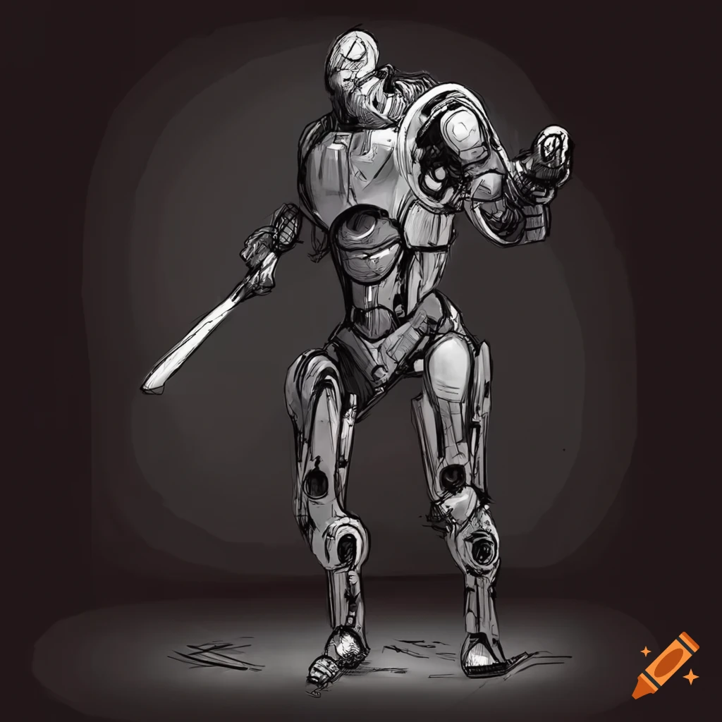Mechanized humanoid wielding a baseball bat with power in sketch art ...
